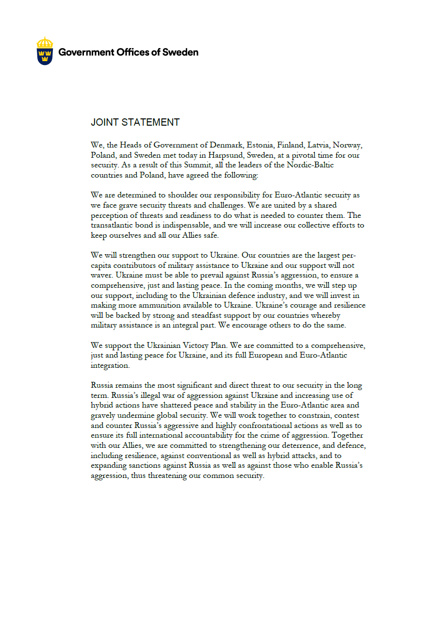 Joint statement by the Heads of Government of Denmark, Estonia, Finland ...